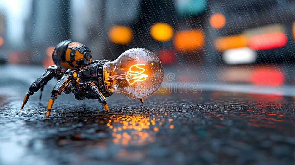 A Spider with a Light Bulb on Its Back in the Rain Stock Image - Image ...