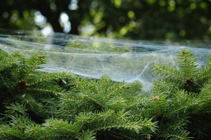 Spider Nests, Big and Thick Spider Net on a Coniferous Bush in the ...