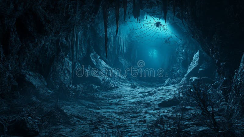 A Spider S Web in a Dark, Stalactite-Filled Cave Stock Illustration ...