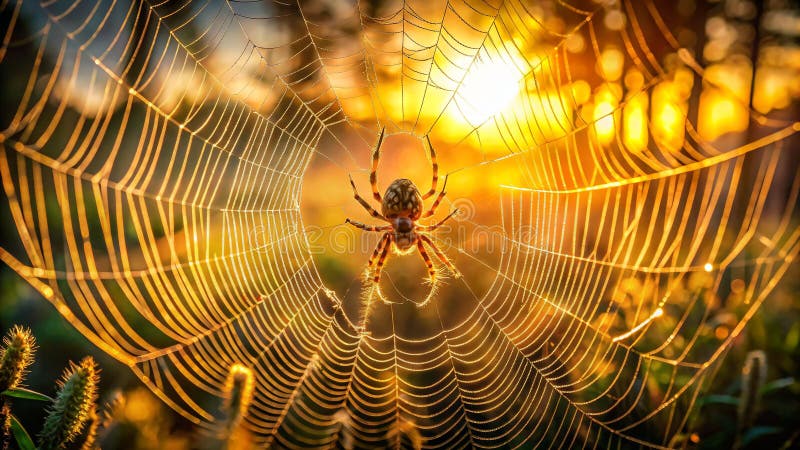 A Spider Sits in Its Web during a Golden Sunset Stock Illustration ...