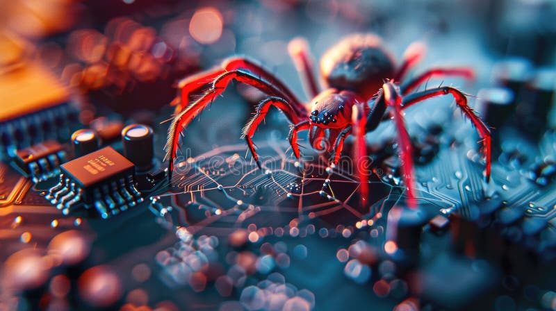 Spider Spins Its Web on the Computer Hardware. Computer Virus Attack ...