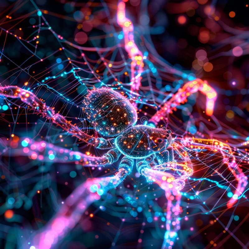 Spider Weaves a Digital Network Stock Image - Image of connection, neon ...
