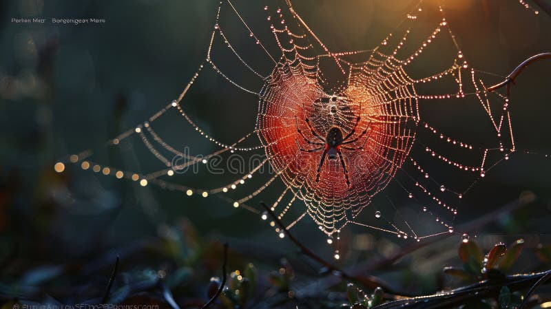 Spider Weaves Its Web. Spider Web in the Shape of Heart Stock Photo ...
