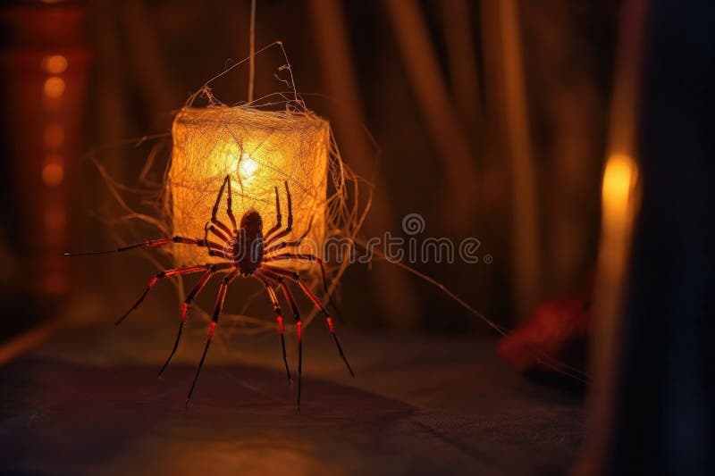Spider Weaving Its Web Under the Dim Glow of a Lantern Stock ...