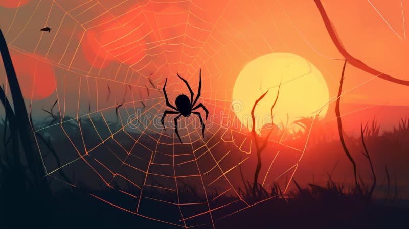 Spider Weaving Web Against Sunset Sky Stock Illustration - Illustration ...
