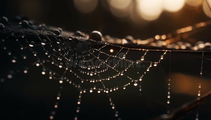 Spider Web Captures Dew Drops In Nature Generated By Ai Stock