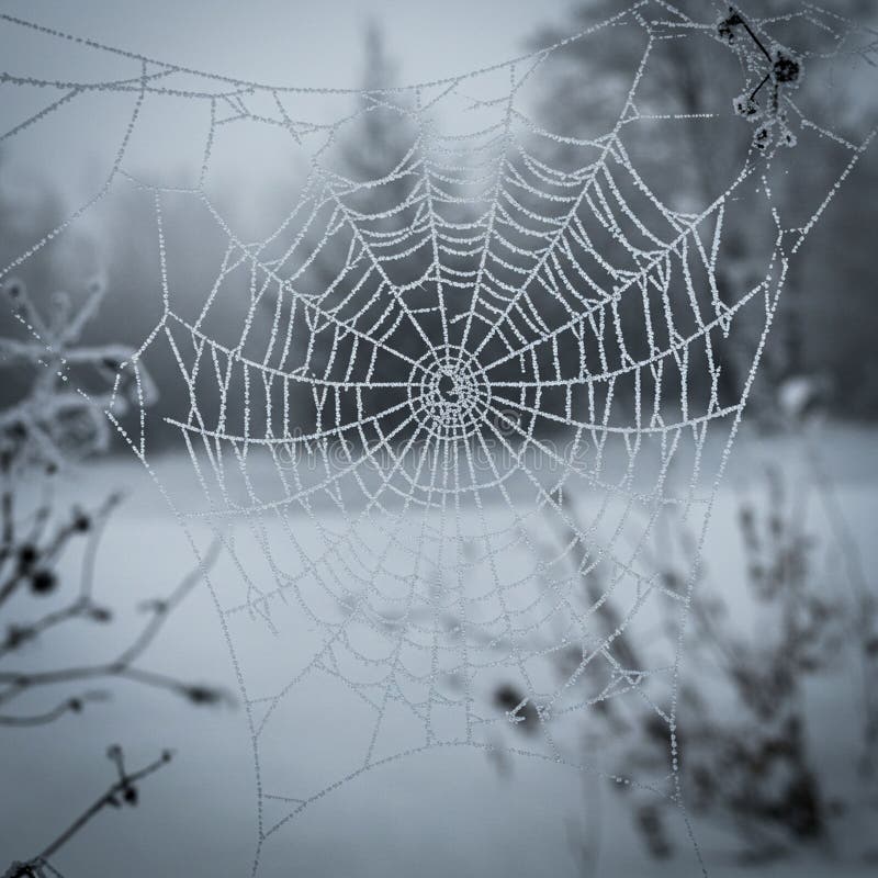 A Spider Web Covered in Frost is Captured in a Wintry Landscape, with ...