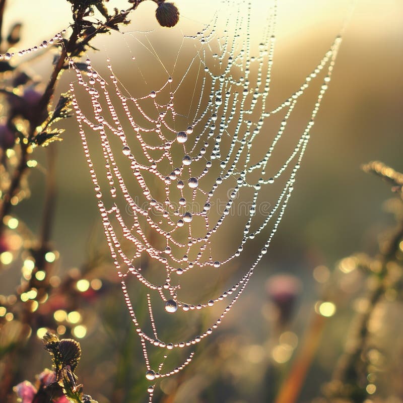 Spider Web Covered in Morning Dew Glowing in Soft Sunlight with ...