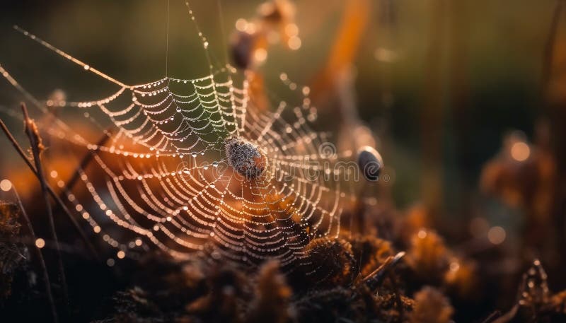Spider Web Dew Drop on Wet Leaf Generated by AI Stock Illustration ...