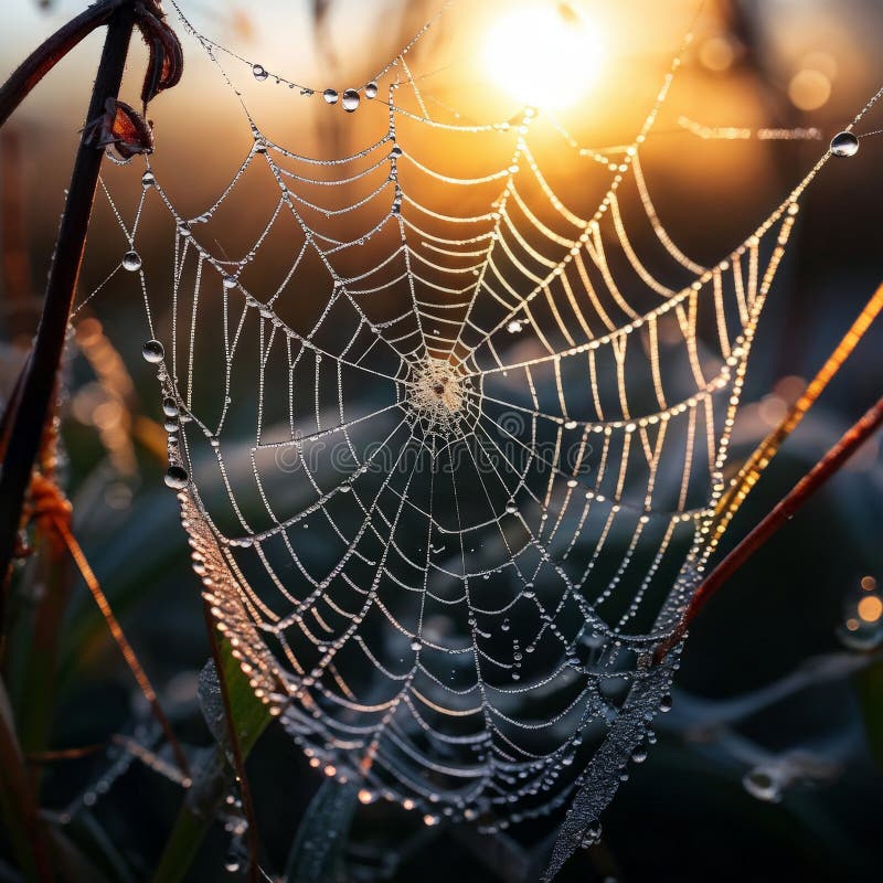 Spider web with dew drops stock image. Image of nature - 373936379