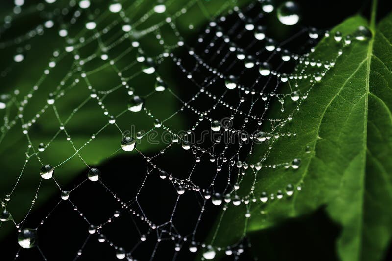 The Spider Web with Dew Drops, Green Leaves on the Background Stock ...