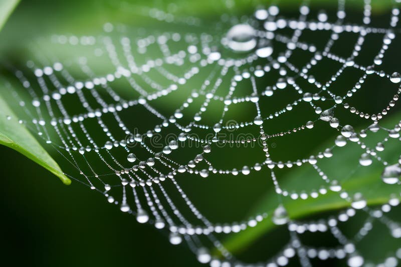 The Spider Web with Dew Drops, Green Leaves on the Background Stock ...