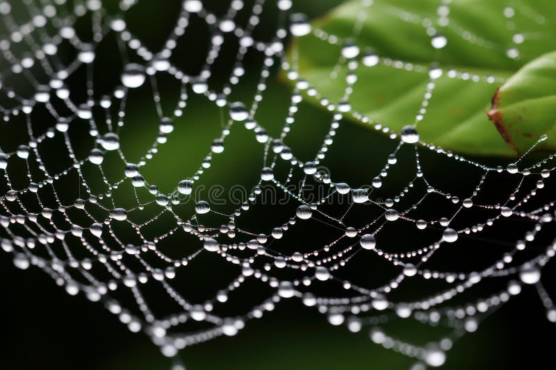 The Spider Web with Dew Drops, Green Leaves on the Background Stock ...