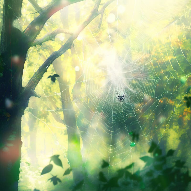 A Spider Web in a Forest with Sunlight Shining through the Trees and ...