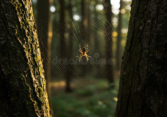 Spider Web in Forest Sunlight Stock Illustration - Illustration of ...