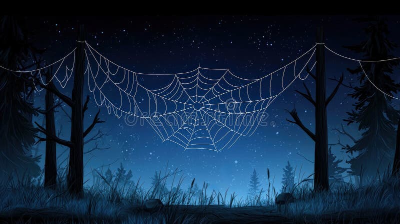 Spider Web Glistening in the Moonlight Surrounded by Trees in a Serene ...