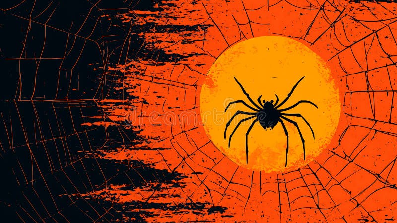 Spider on a Web with Grunge Texture Against a Setting Sun in an Eerie ...