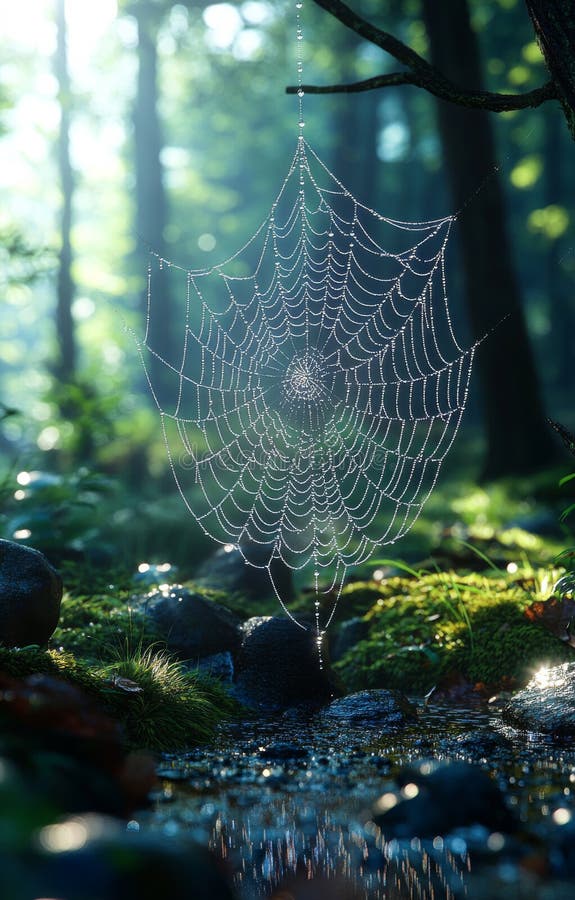 A Spider Web is Hanging from a Tree Branch in a Forest Stock Photo ...