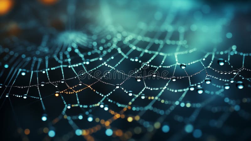 Spider Web Macro in Water Drops Background. Natural Wallpaper in Blue ...