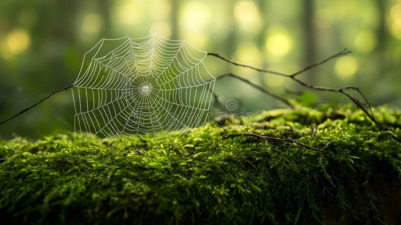 Spider Web on Mossy Forest Floor in Sunlight, Macro Photography Concept ...