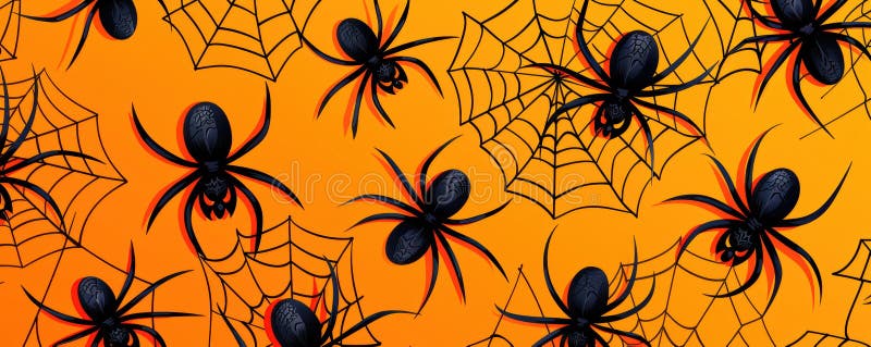 A Spider Web Patterned Orange Background with Black Spiders on it Stock ...