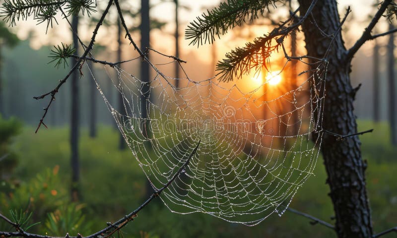Spider web in pine tree stock illustration. Illustration of abstract ...