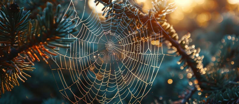 Spider Web in Pine Tree at Sunset Stock Photo - Image of spider, beauty ...