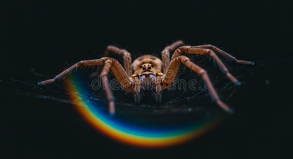 Spider on Web with Rainbow Light Effect Close Up Stock Illustration ...