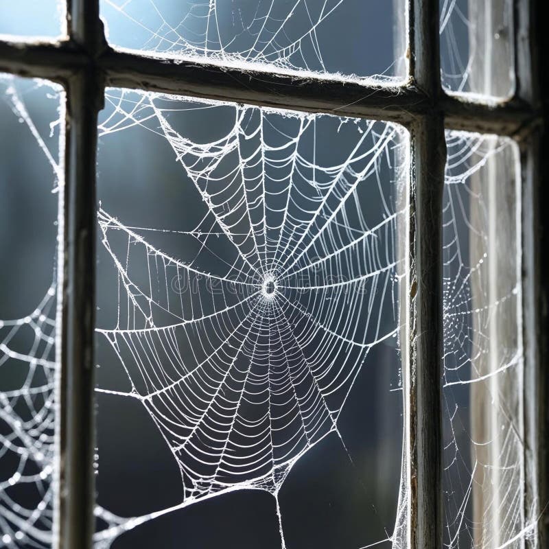 A Spider Web is Seen through a Window, with a Hole in the Center Stock ...