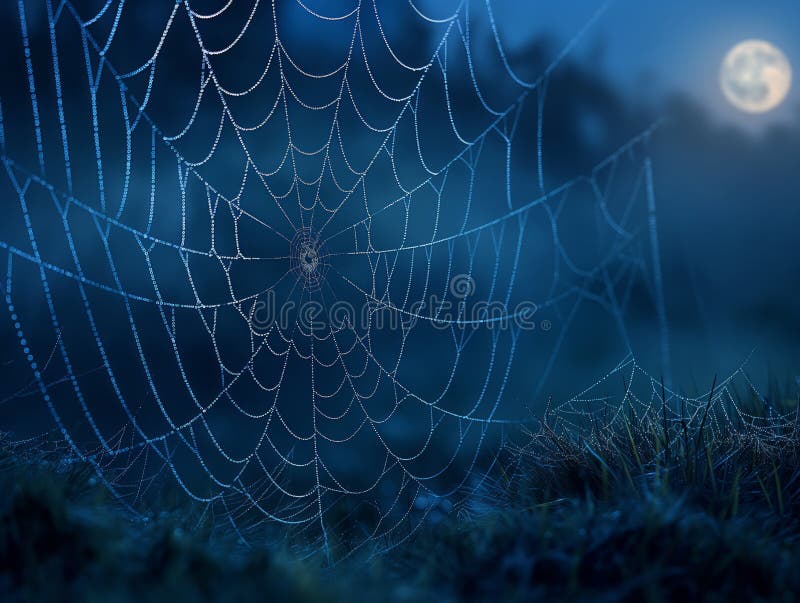A Spider Web is Shown in the Dark with a Full Moon in the Background ...