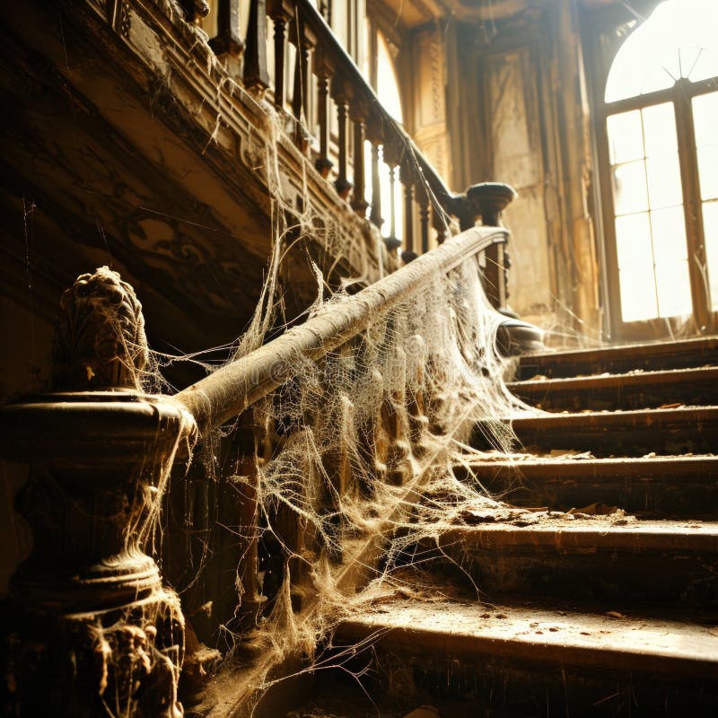 A Spider Web on a Staircase Stock Illustration - Illustration of creepy ...