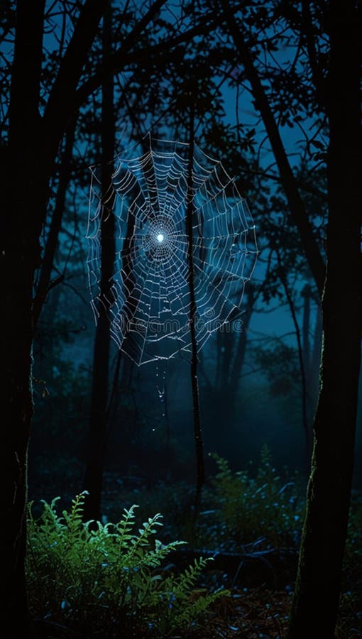 A Spider Web Stretches at Midnight Moon Stock Illustration ...