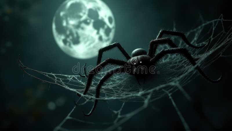 Spider in Web Under Moonlight Stock Illustration - Illustration of ...