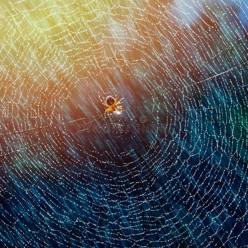 Spider in the Web with Water Drops in the Rain Stock Image - Image of ...