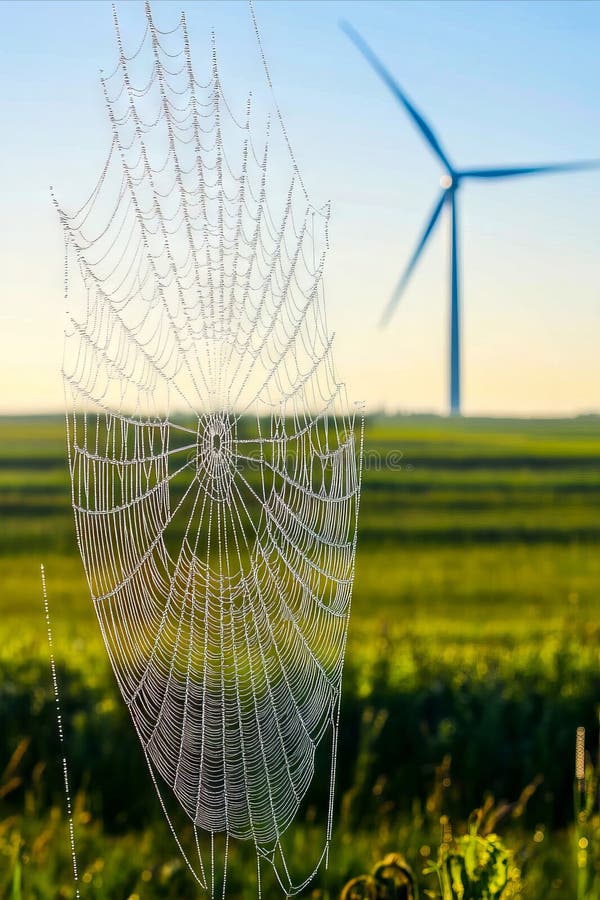 A Spider Web with a Wind Turbine in the Background Stock Photo - Image ...