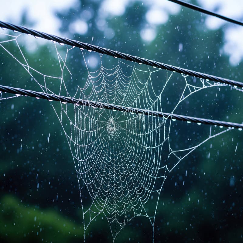 Spider Webs between Wires during the Rain. Stock Photo - Image of cold ...