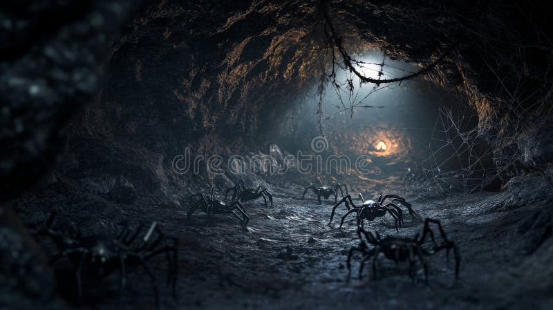 Spiders Crawling through a Dark Cave Towards a Light Source Stock ...