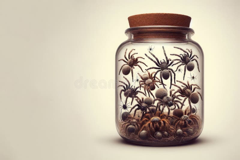 Spiders Crawling Inside a Glass Jar. Space for Text. Stock Image ...