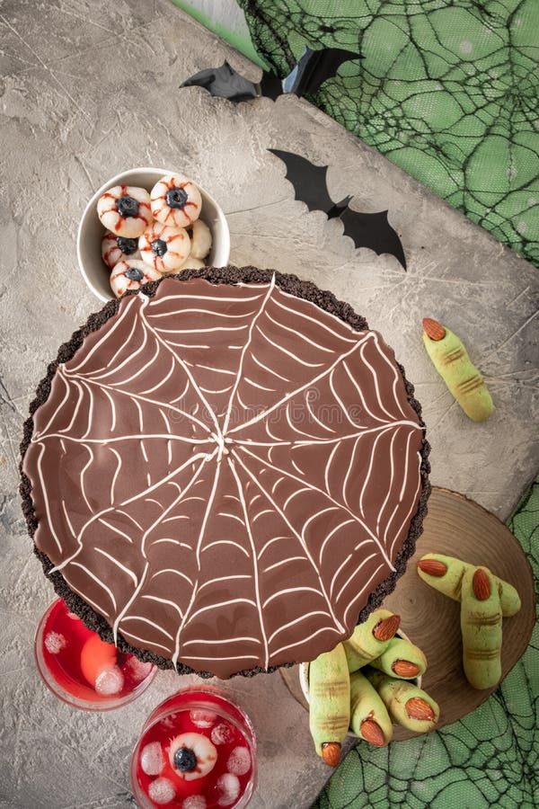 Spiders web chocolate tart stock photo. Image of party - 195208772