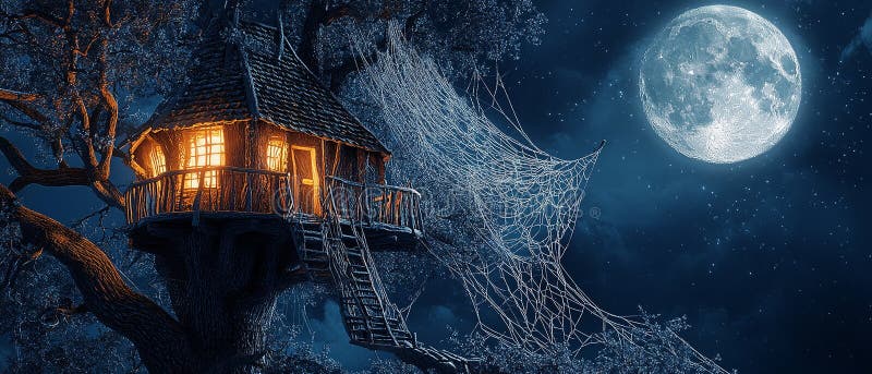 Spiderweb-Covered Treehouse Glowing Under the Moonlight Stock Image ...