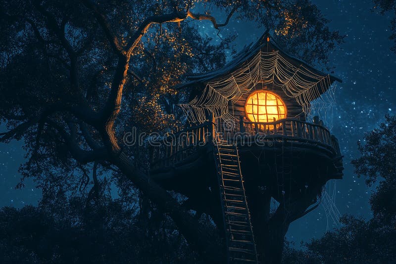 Spiderweb-Covered Treehouse Glowing Under the Moonlight Stock Photo ...