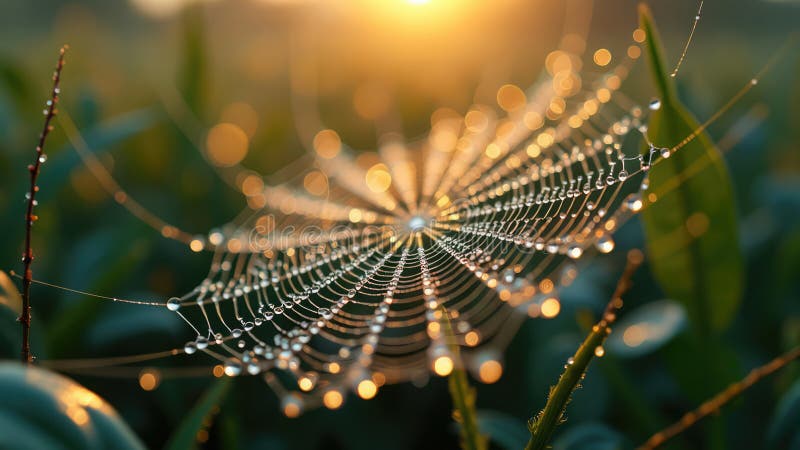 Delicate Spiderweb Glistening with Dew in the Early Morning Sunlight in ...