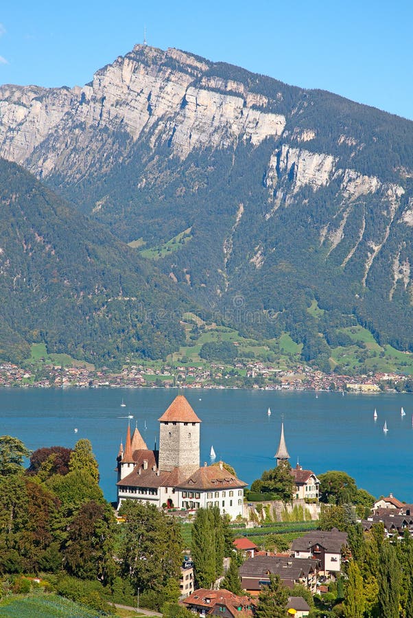 Spiez Castle on Lake Thun in Switzerland Stock Photo - Image of sunset ...