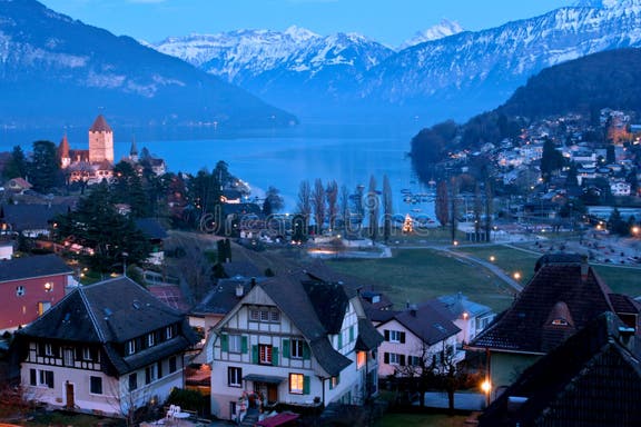 Spiez Castle and Alps Night Scene Stock Image - Image of holidays ...