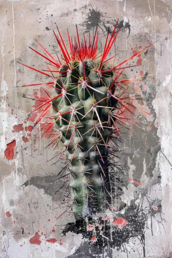 Spiky Cactus on a Textured Background with Splashes of Red Stock ...