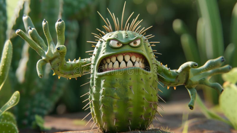 Spiky Cartoon Cactus Character with Intense Expression Stock ...