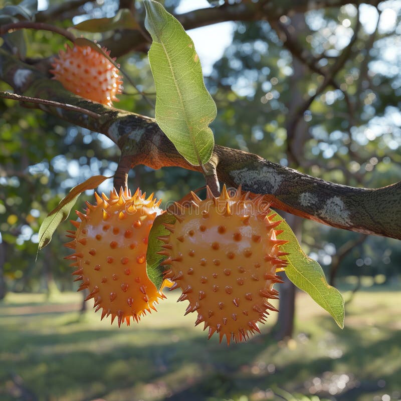 Spiky Orange Fruit Hanging from Tree Branch Stock Illustration ...