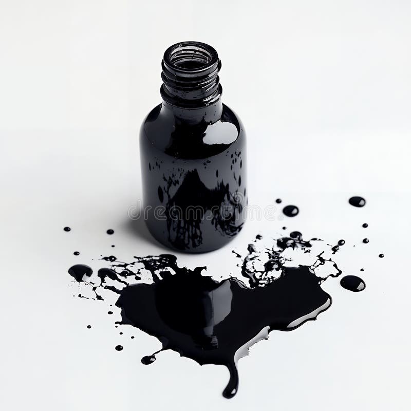 Spilled Black Ink Bottle on White Background Abstract Art Stock ...