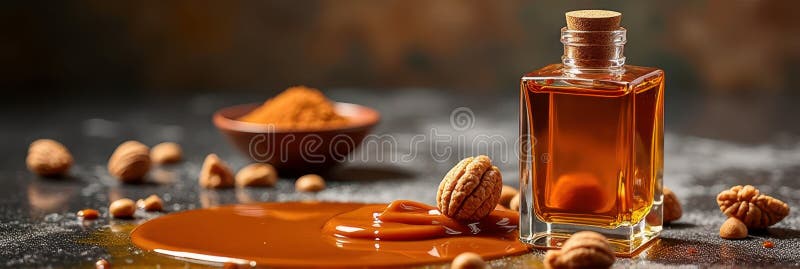 Spilled Caramel and Pecan Nuts Near a Perfume Bottle on a Dark ...
