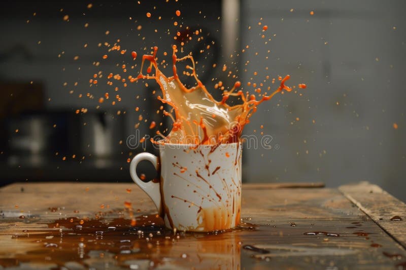 Coffee Splashing Out of White Mug on Rustic Table Stock Image - Image ...